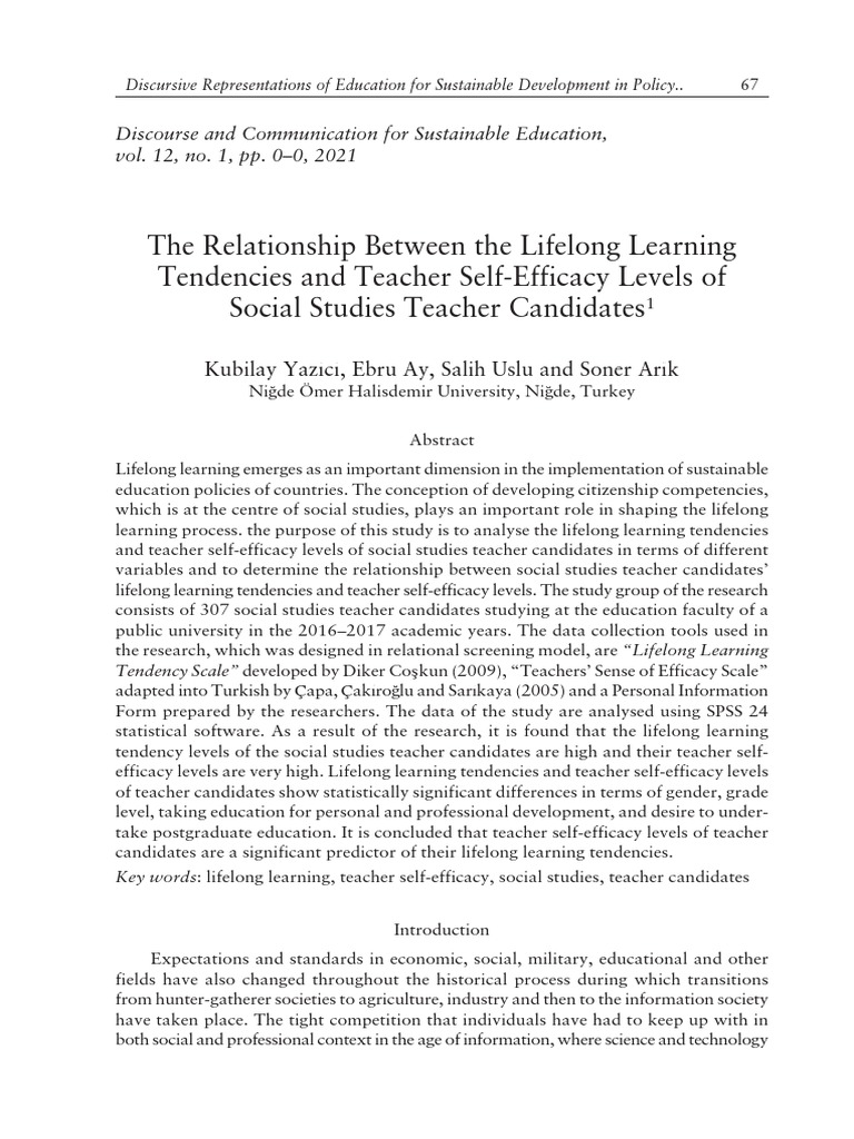 The Relationship Between The Lifelong Learning Tendencies and Teacher Self-Efficacy Levels of ...