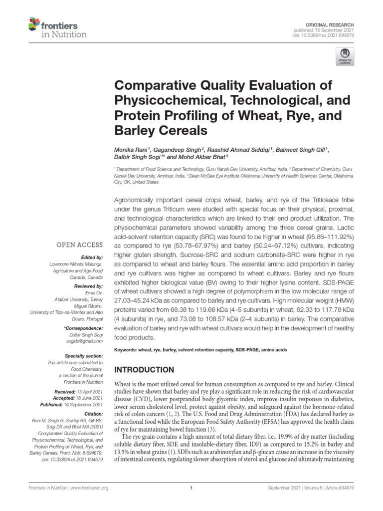 Comparative Quality Evaluation of Physicochemical, Technological, and Protein Profiling of Wheat ...