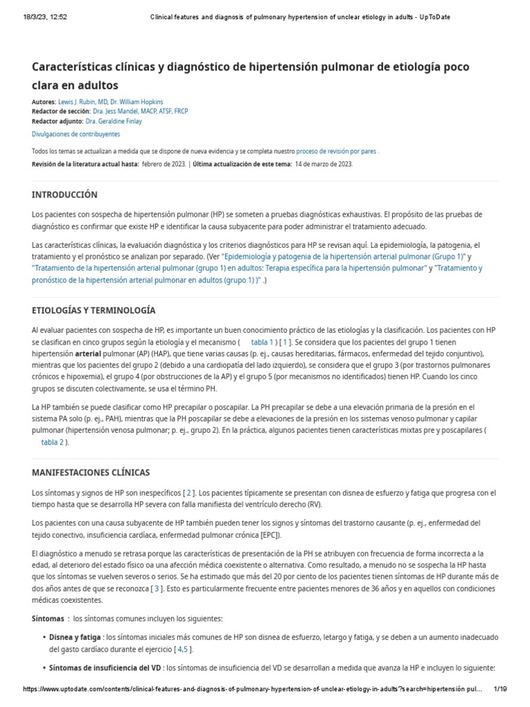 Clinical Features and Diagnosis of Pulmonary Hypertension of Unclear ...