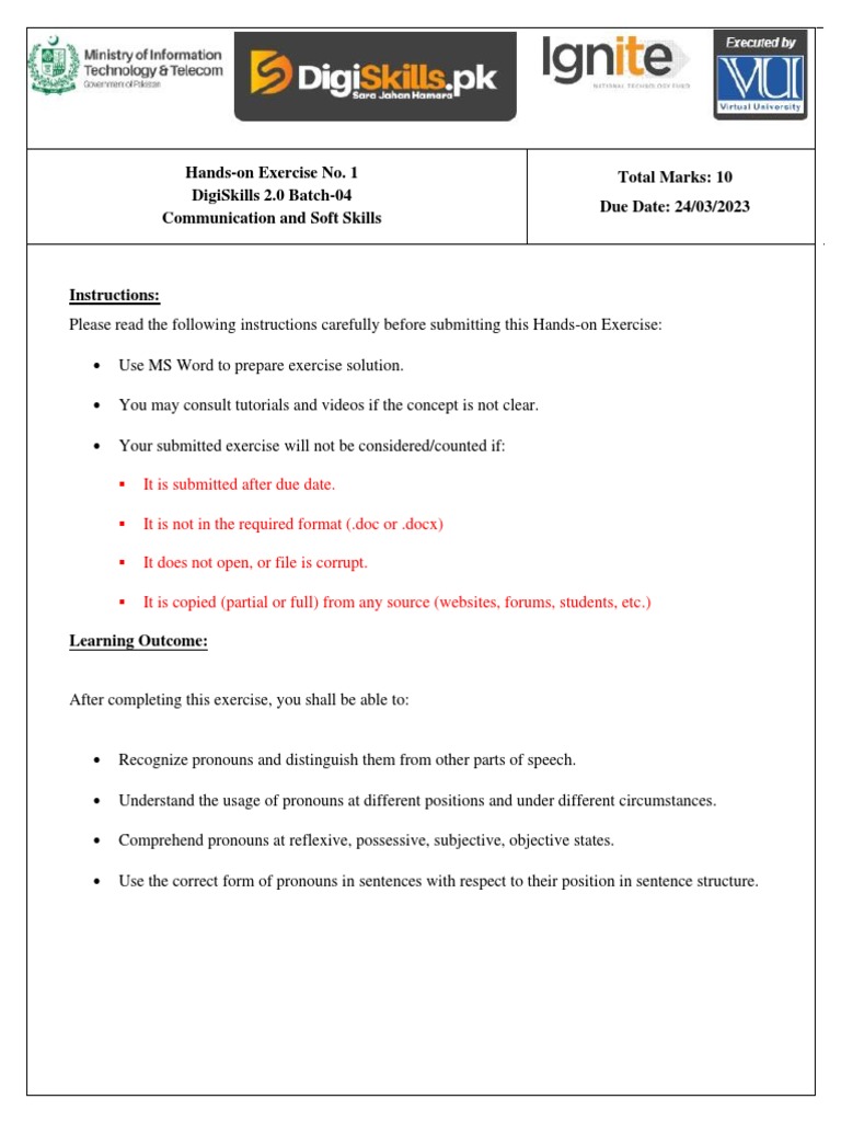 Hands-On Exercise No. 1 Digiskills 2.0 Batch-04 Communication and Soft Skills Total Marks: 10 ...