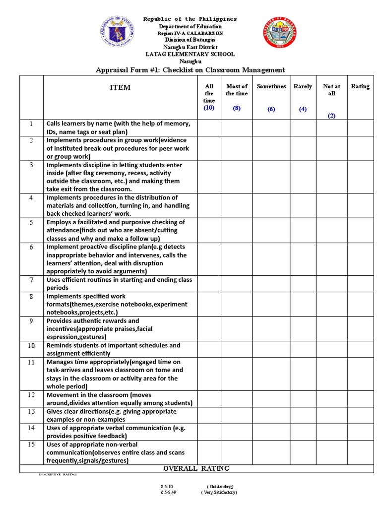 Appraisal Form... Checklist On Claasssroom Management | PDF