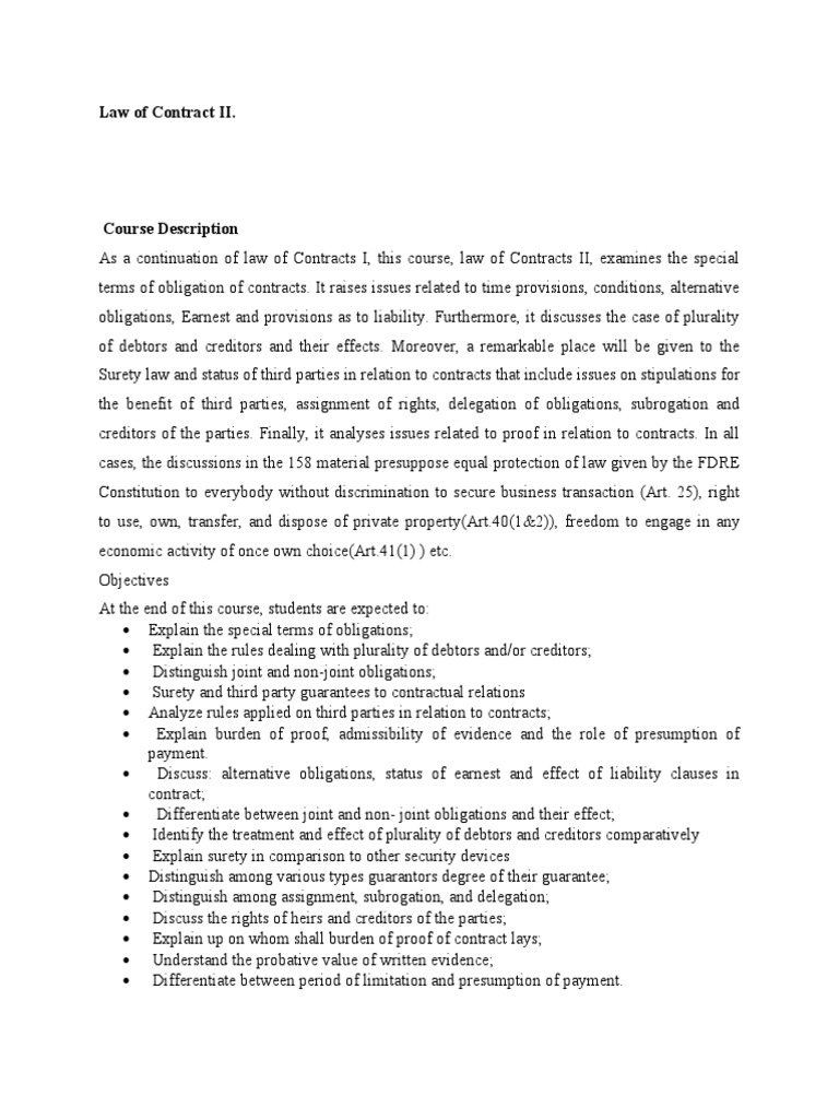 Law Of Contract Ii Outline 2023 Pdf Surety Private Law