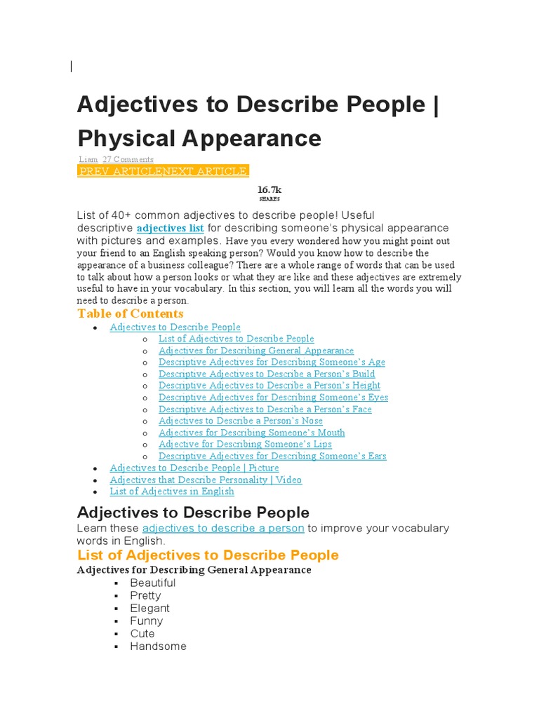 Adjectives for Describing Appearance | PDF | Language Arts & Discipline