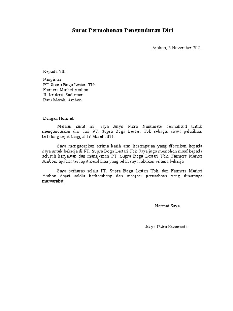 Surat Pengunduran Diri PT. Supra Boga Lestari | PDF