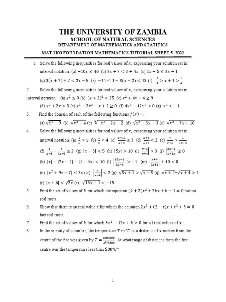 Foundation Math Tutorial Sheet | PDF | Inequality (Mathematics) | Mathematical Concepts