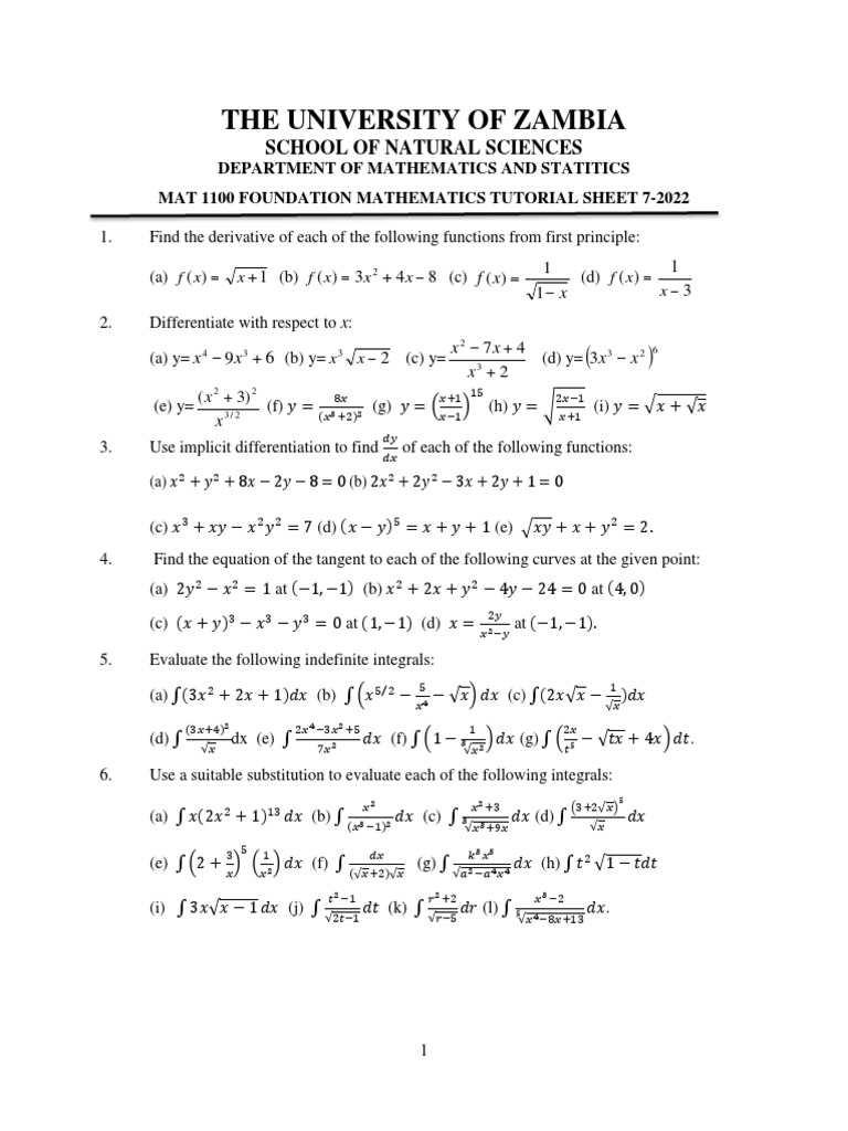 MAT 1100 Tutorial Sheet 7-2022 PDF | PDF | Derivative | Cost