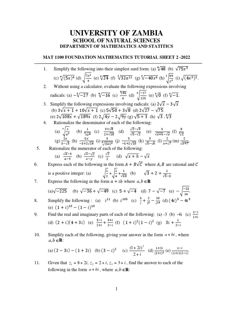 MAT1100 Tutorial Sheet 2- 2022.pdf | PDF | Integer | Arithmetic