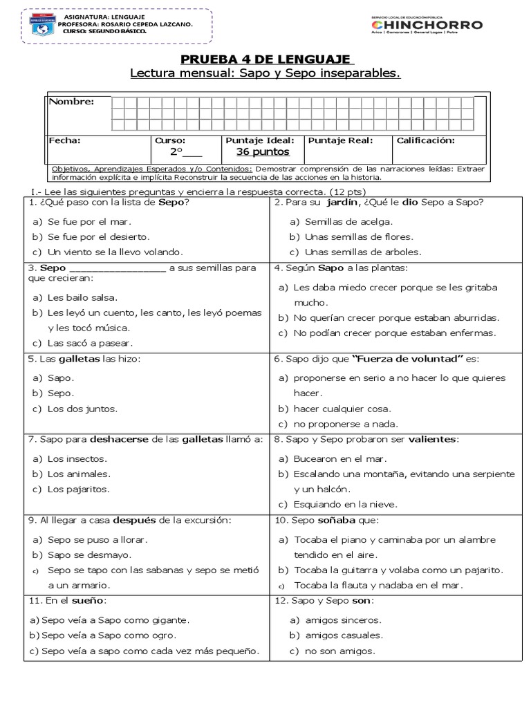 PRUEBA 4 DE LENGUAJE Sapo y Sepo Inseparables | PDF