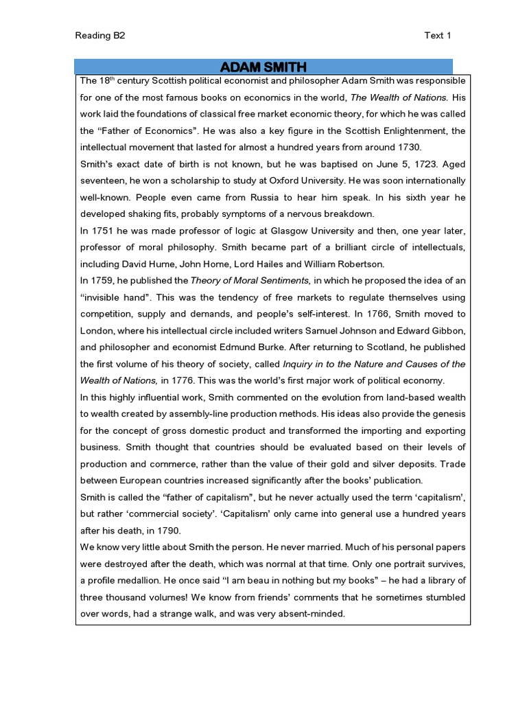 Reading 1 - Adam Smith B2 | PDF | Adam Smith | The Wealth Of Nations