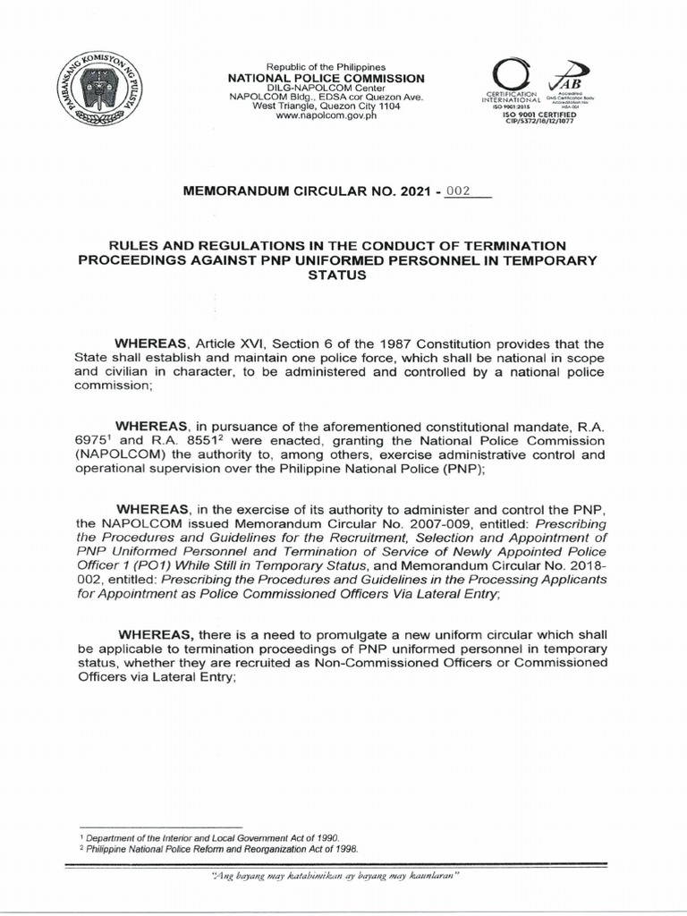 Pnp Memo Circular 2021 002 Termination Proceedings Pdf Police