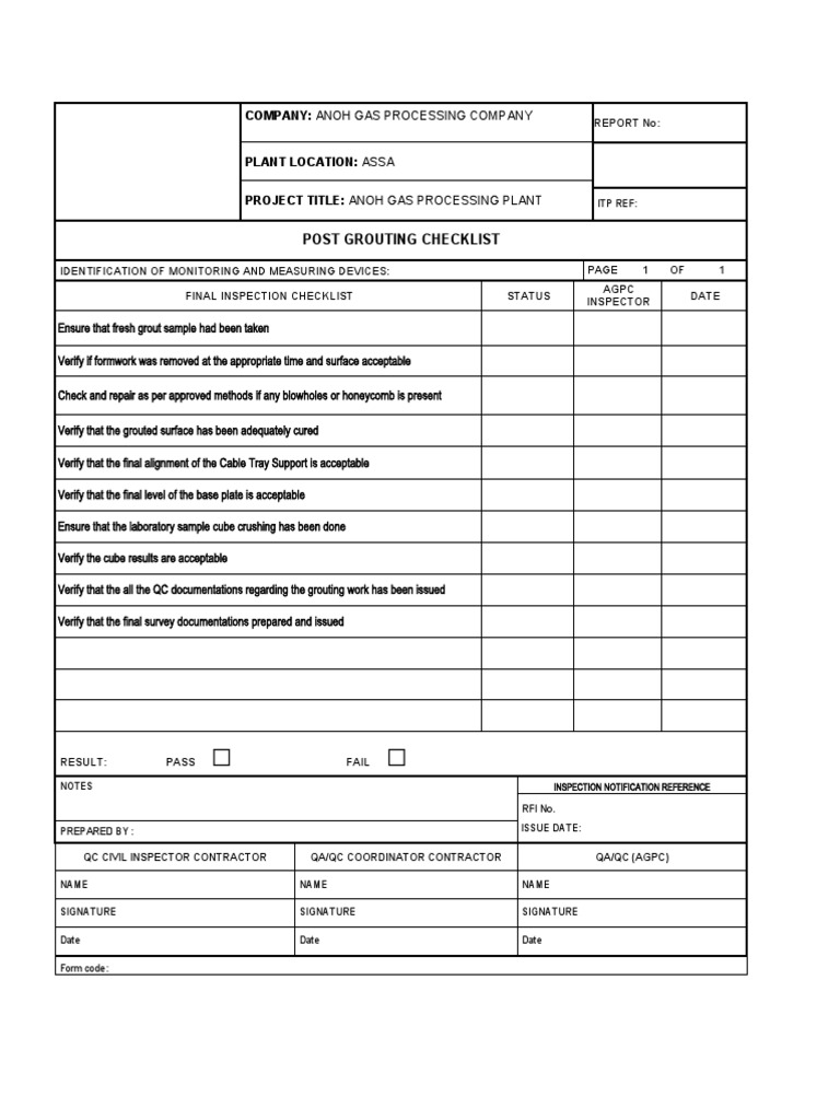 Post Grouting Inspection Checklist | PDF
