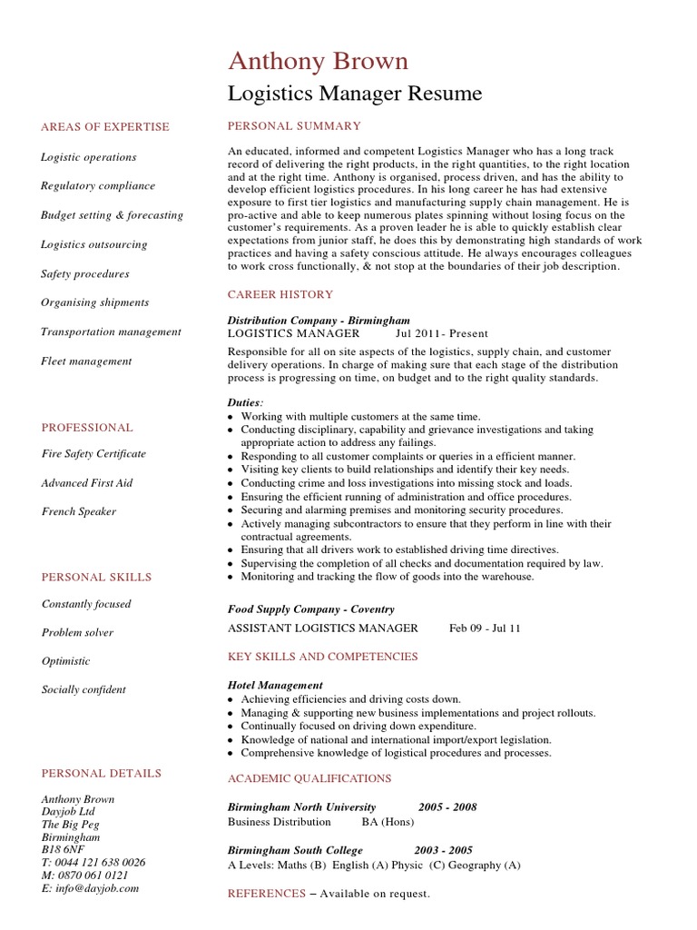 Logistics Manager CV Template | PDF | Logistics | Supply Chain