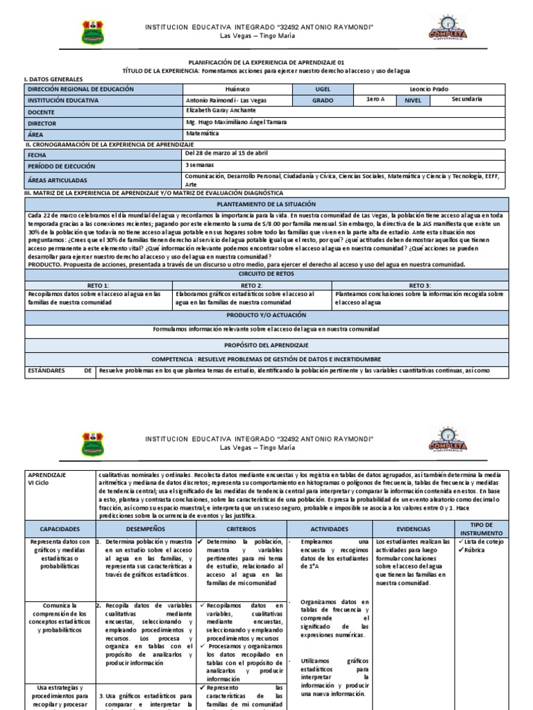 EXPERIENCIA DE APRENDIZAJE 01-1ero A-2022 | PDF | Estadísticas | Evaluación