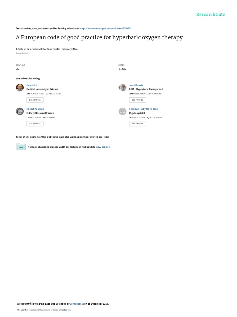 A European Code of Good Practice For Hyperbaric Ox | Download Free PDF ...