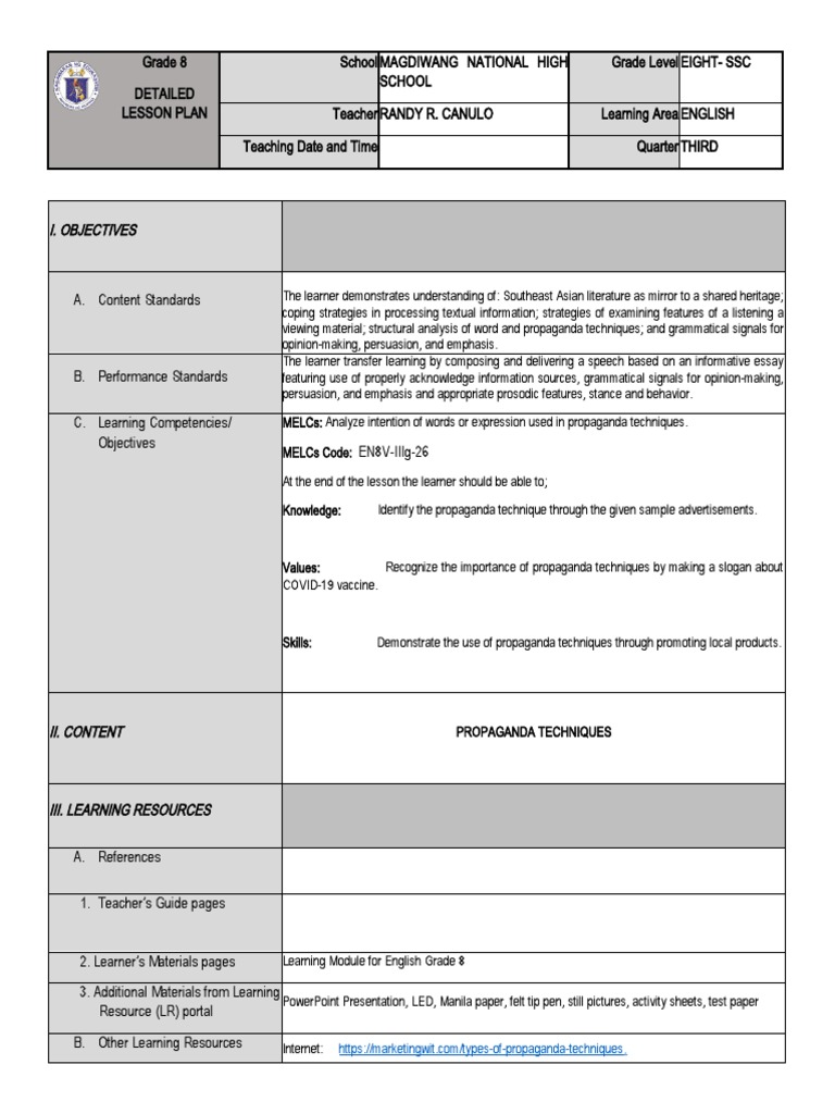 ENGLISH-DETAILED-LESSON-PLAN For Propaganda Techniques | PDF | Adverb | Propaganda