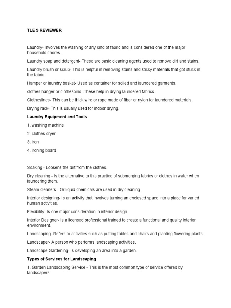 Tle 9 Reviewer G9 | PDF | Laundry | Clothing