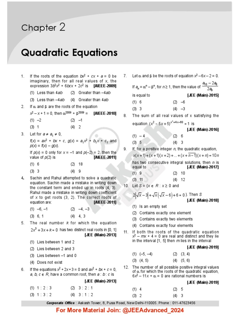 2-Quadratic Equation JEE (Main) PDF | Download Free PDF | Quadratic Equation | Zero Of A Function