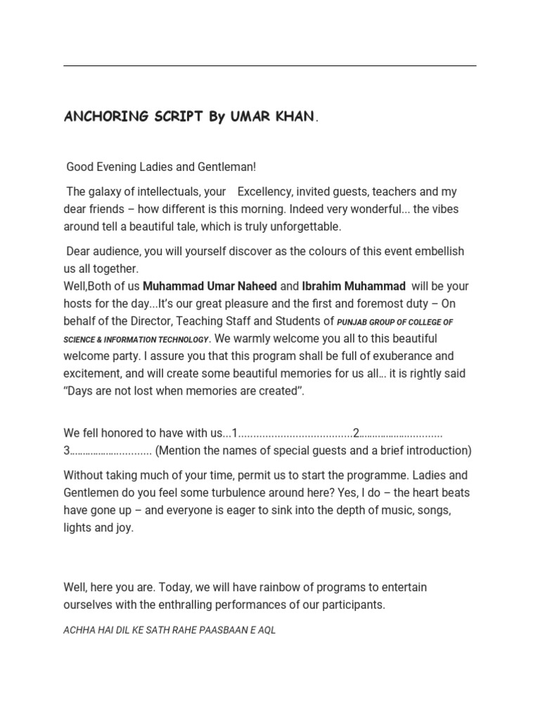 ANCHORING SCRIPT by UMAR KHAN. | PDF