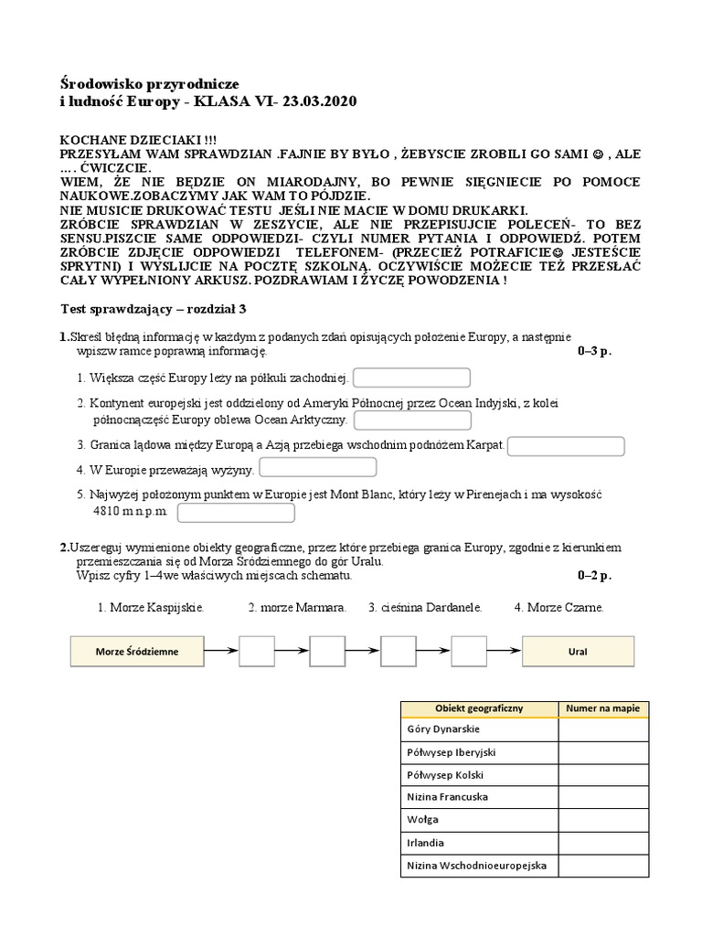 Test Sprawdzajacy Srodowisko Przyrodnicze I Ludnosc Europy KL - VI PDF ...