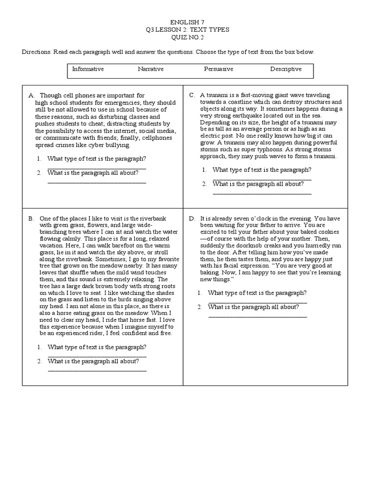 Eng7-Q2-Text Types-Activity Sheet | PDF | Tsunami