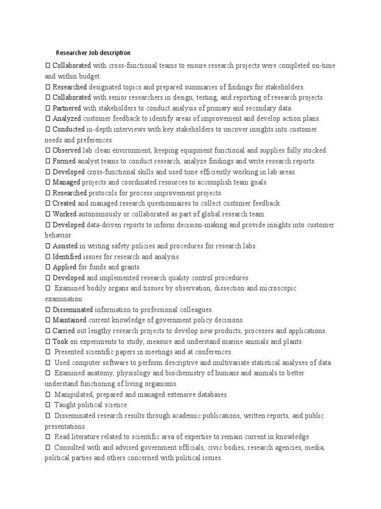 Researcher Job Description Pdf Microorganism Clinical Trial
