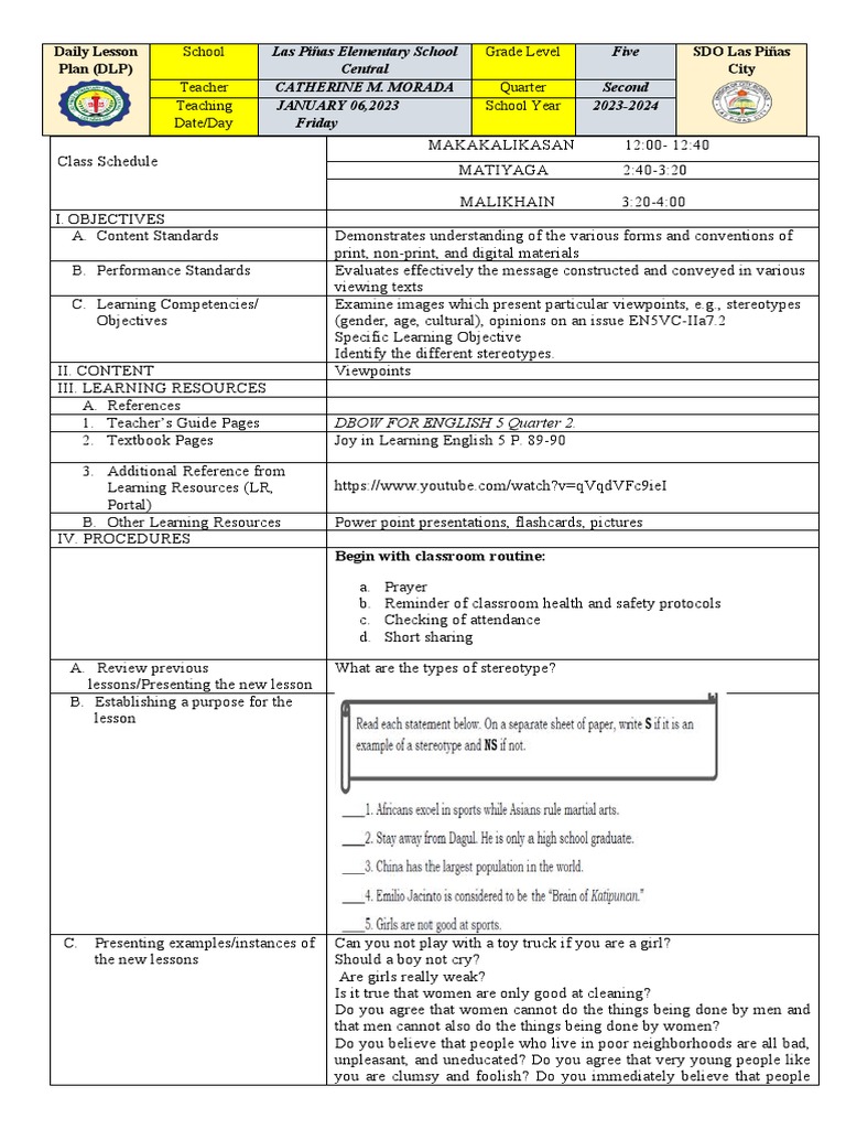 Grade 5 Lesson Plan on Stereotypes | PDF | Stereotypes | Learning
