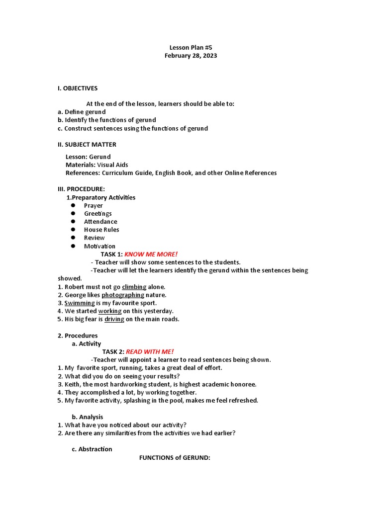 2nd PUC Lesson Plan: Gerund Functions | PDF | Lesson Plan | Learning