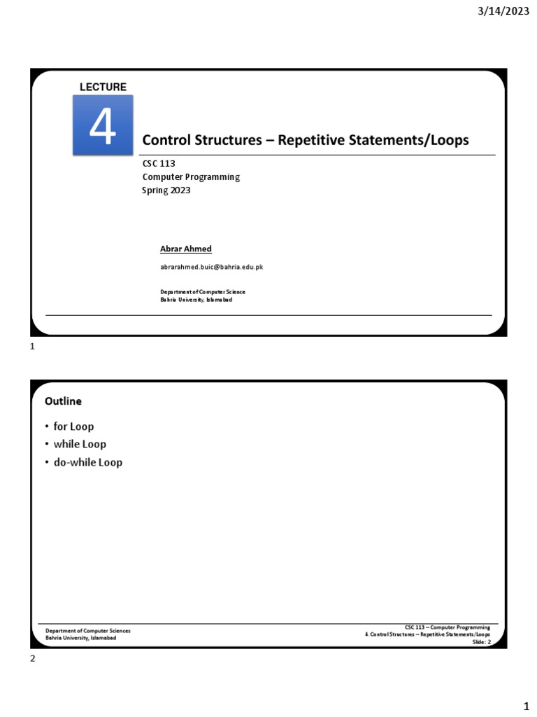 Lecture 4 Control Structures - Repetitive Statements Loops 14032023 102037am | PDF | Control ...
