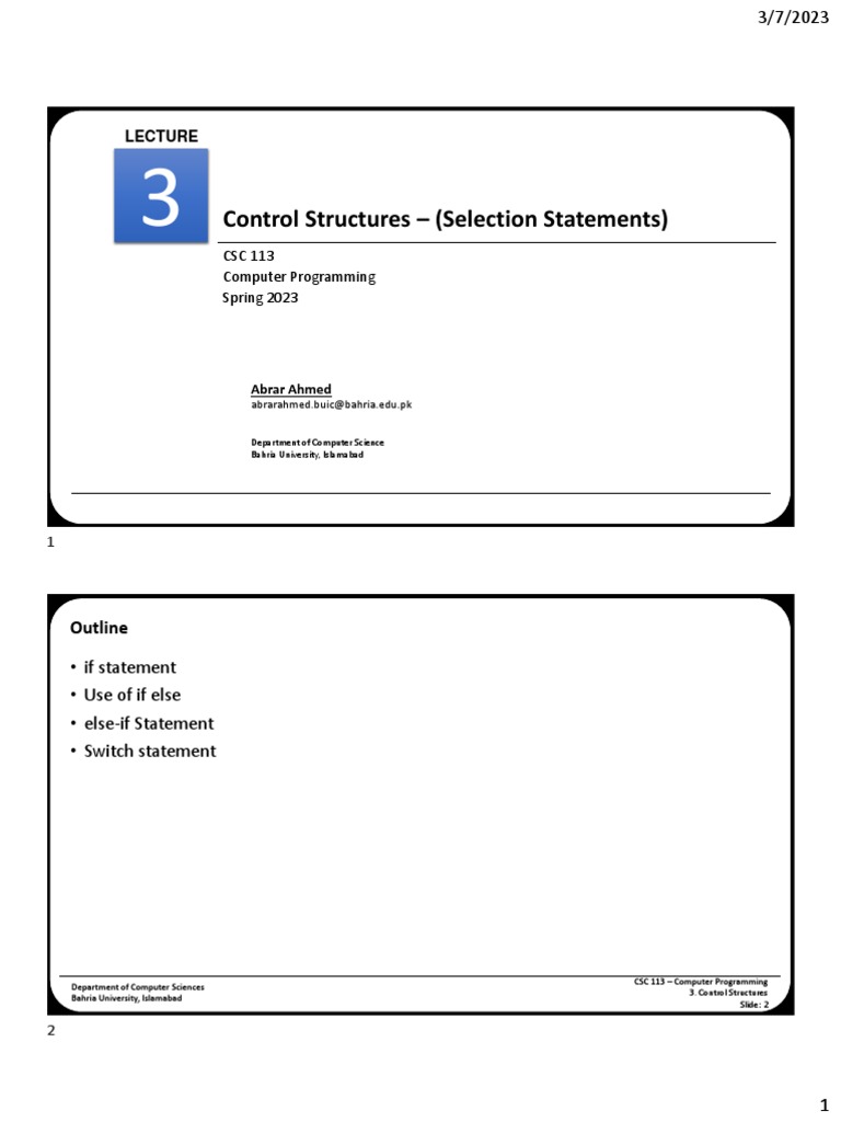Lecture 3 Control Structures Selection Statements 07032023 103638am | PDF | Control Flow ...