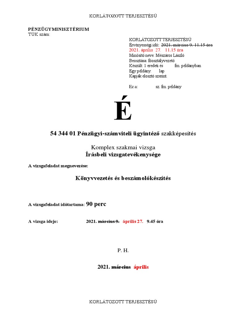 54 344 01 Pénzügyi-Számviteli Ügyintéző Szakképesítés: Komplex Szakmai Vizsga | PDF