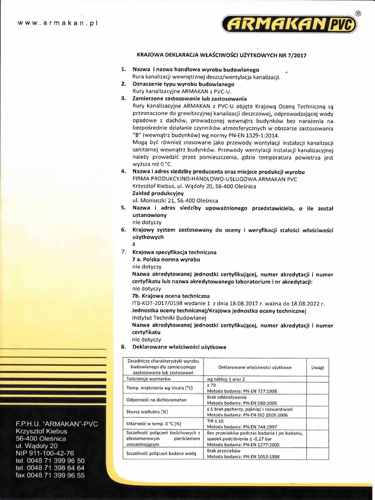 National Declaration of Performance The PVC Pipe | PDF