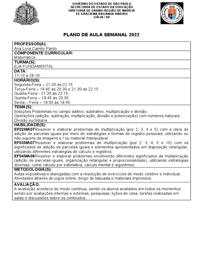 PLANO DE AULA SEMANAL Eja Fundamental 17-10 A 28-10 | PDF