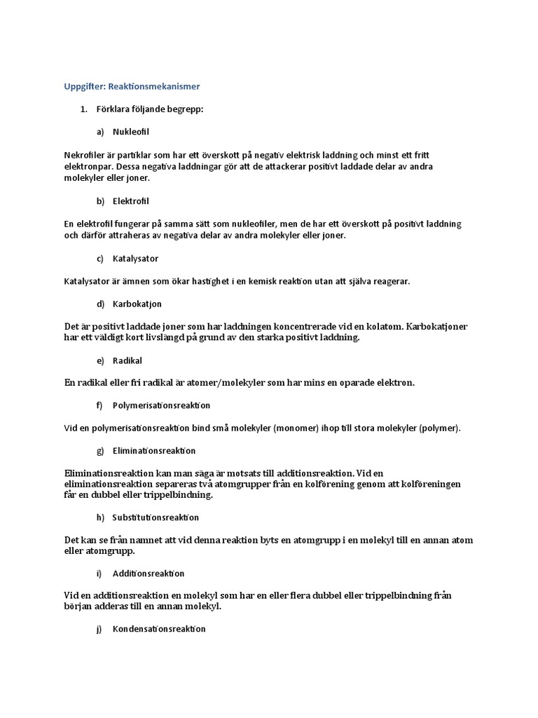Uppgifter Reaktionsmekanismer | PDF