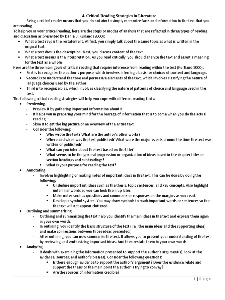 Critical Reading Strategies in Literature | PDF | Information | Reading ...