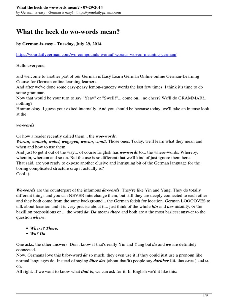 Wo Compounds Worauf Woraus Wovon Meaning German | PDF | Syntactic ...