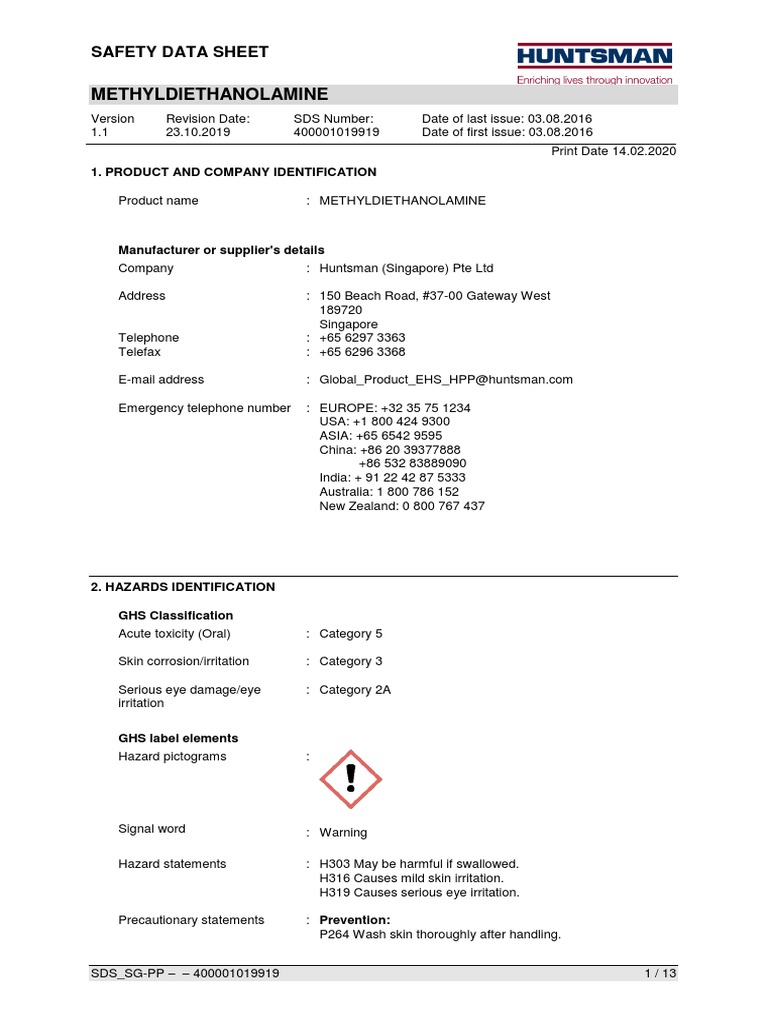 Methyldiethanolamine (Mdea) | PDF | Toxicity | Dangerous Goods