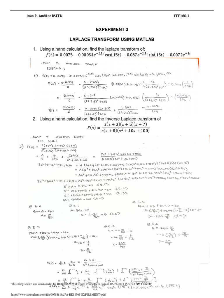 Laplace Transform Analysis with MATLAB | PDF | Equations | Matrix ...