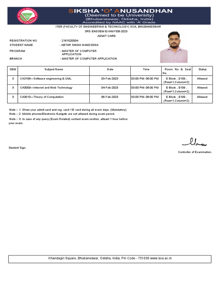 SOA Bhubaneswar MCA 3rd Endsem Admit Card | PDF