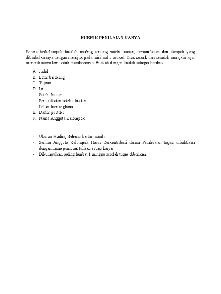 RUBRIK PENILAIAN KARYA (Mading Kepler) Dan Rubrik Presentasi | PDF