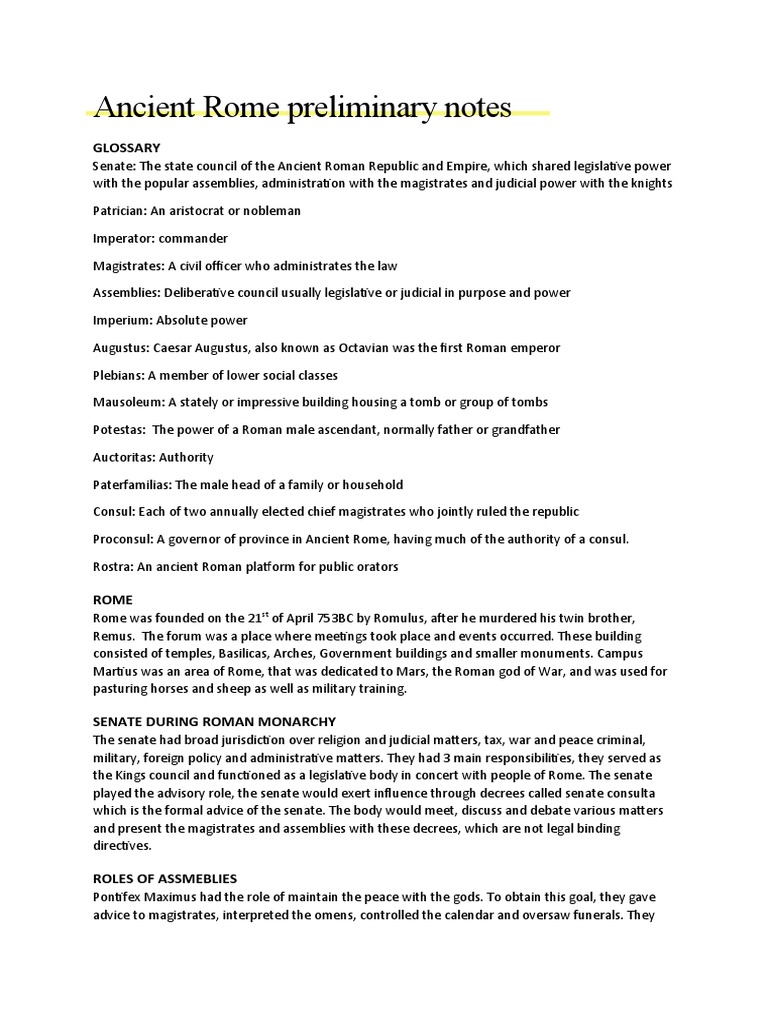 Ancient Rome Preliminary Notes | PDF | Ancient Rome | Augustus