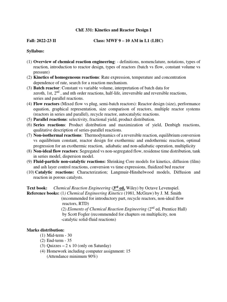 ChE 331 - Syllabus | PDF | Chemical Reactor | Chemical Reactions