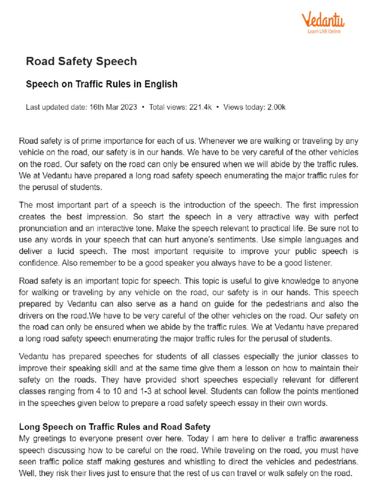 Road Safety Speech PDF | PDF