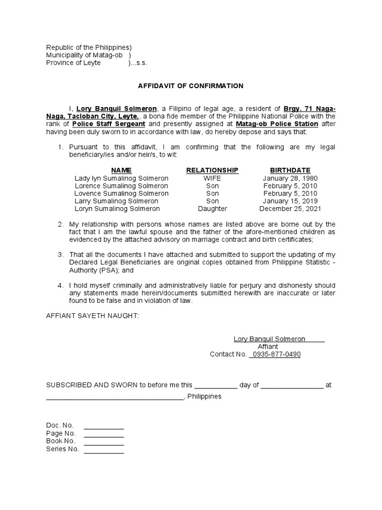 Affidavit of Confirmation for PNP Beneficiaries | PDF