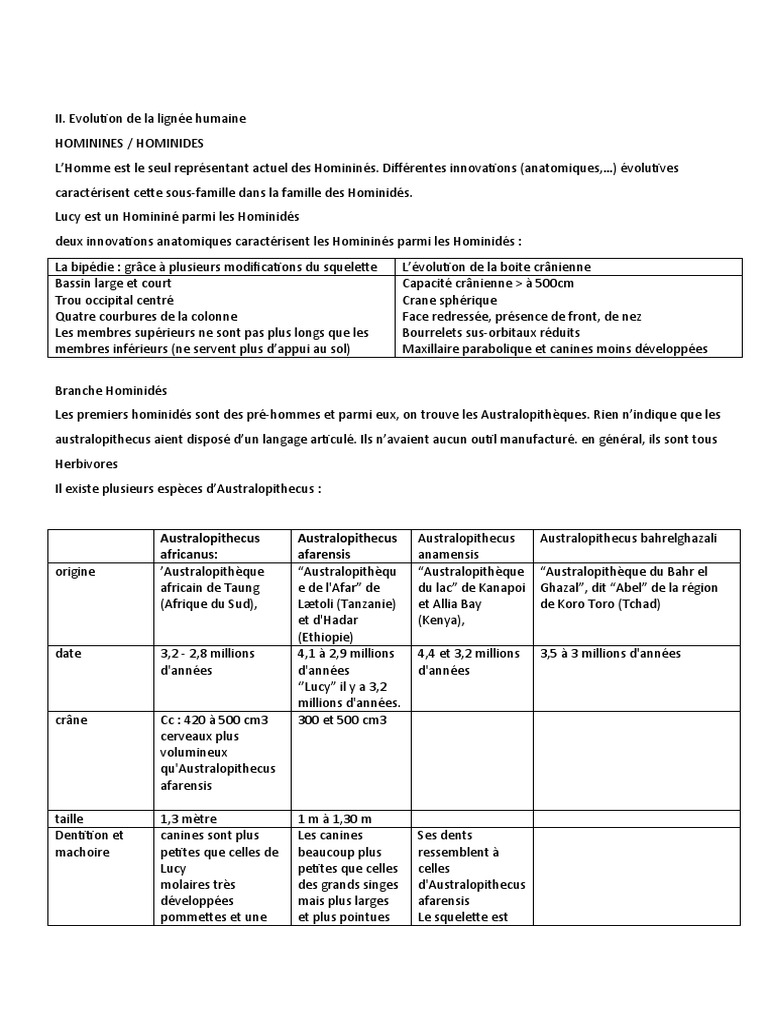évolution De L Homme Ii Pdf Humain Lucy Australopithèque