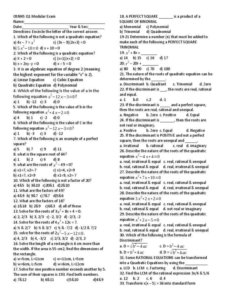 q1 Modular Exam | PDF | Polynomial | Quadratic Equation