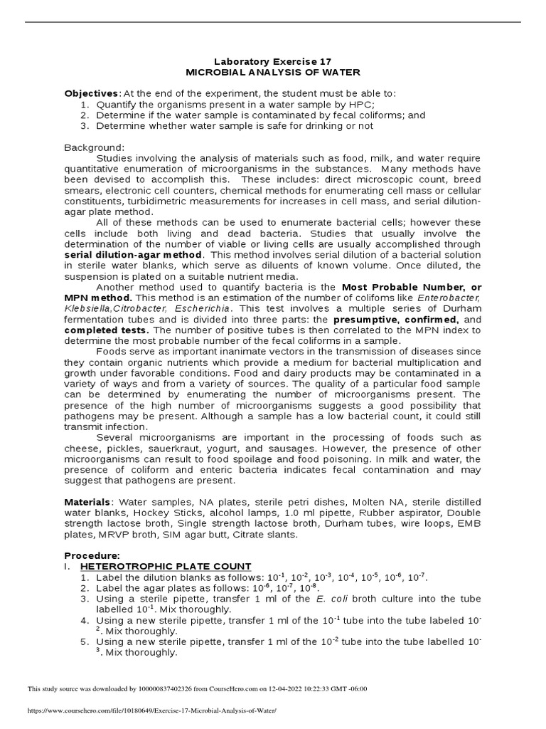Exercise 17 Microbial Analysis of Water | PDF | Microbiology