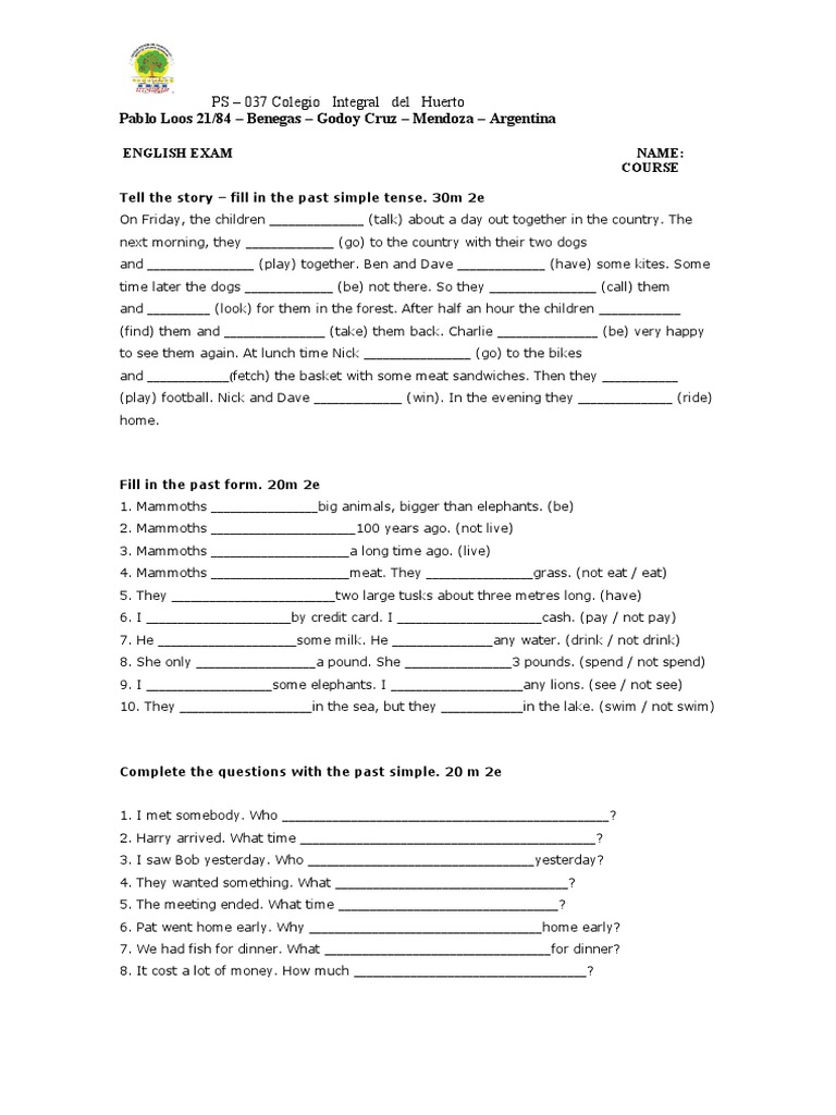 Exam Simple Past | PDF