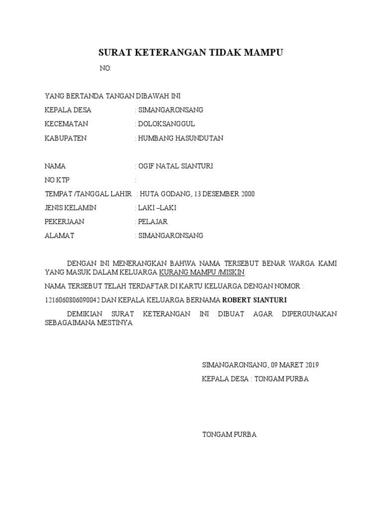 Surat Keterangan Tidak Mampu | PDF