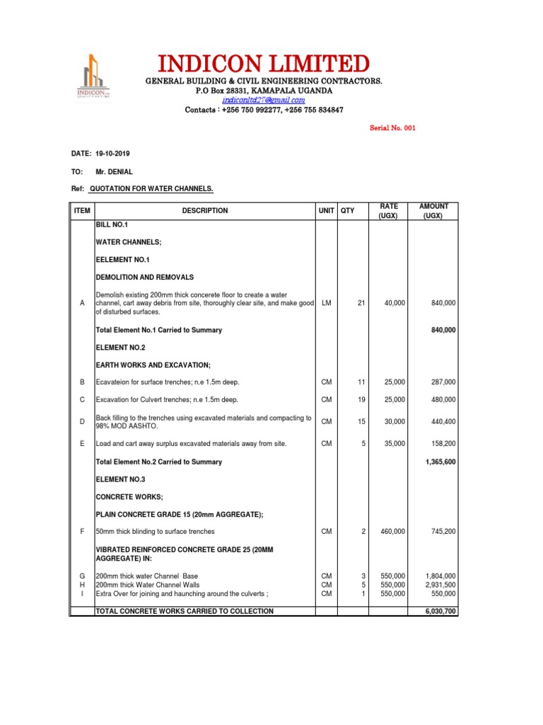 Water Channel Construction Quotation | PDF | Concrete | Real Estate