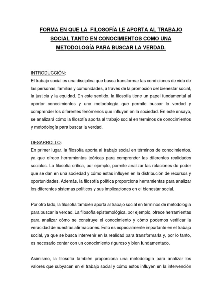 Forma en Que La Filosofía Le Aporta Al Trabajo Social Tanto en Conocimientos Como Una ...
